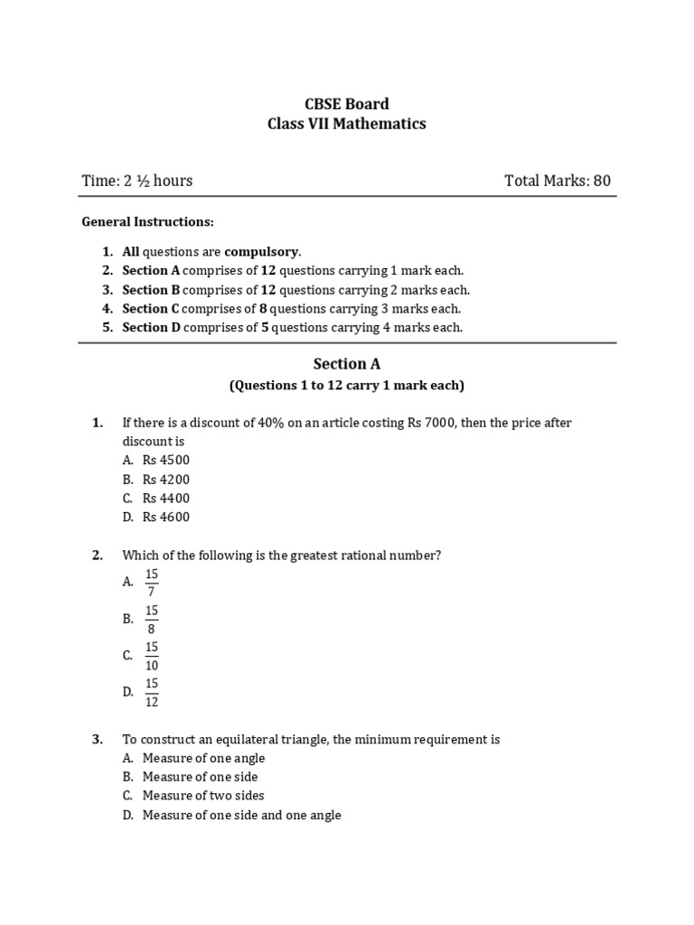 Class VII Math Exam Paper | PDF | Area | Circle