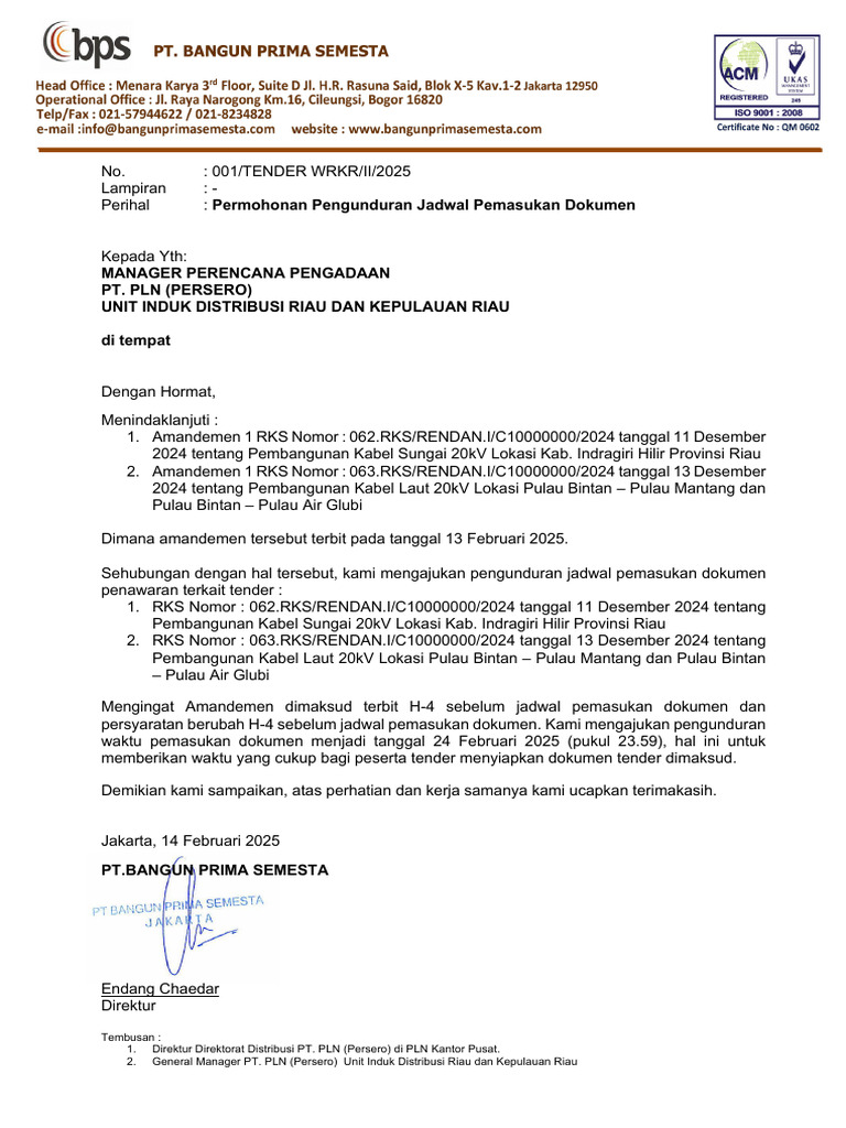 Permohonan Pengunduran Tender PLN 2025 | PDF