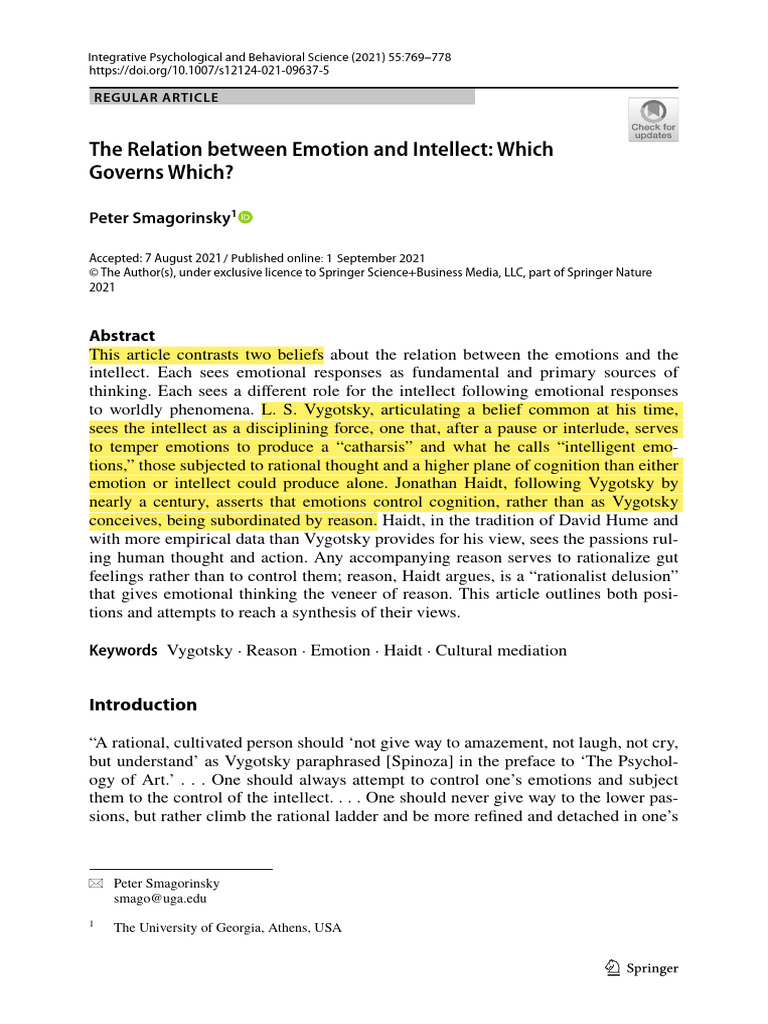 Emotion vs Intellect: Vygotsky & Haidt | PDF | Reason | Emotions