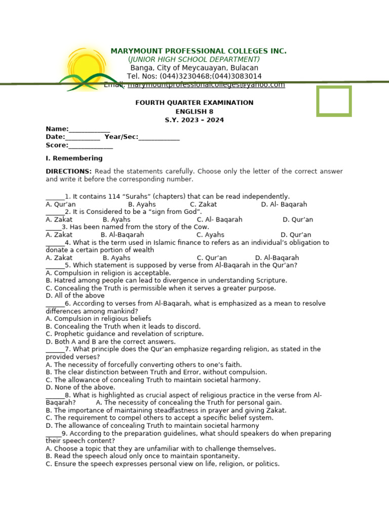 G8-4TH-QUARTER-EXAM (1) | PDF | Quran | Islam