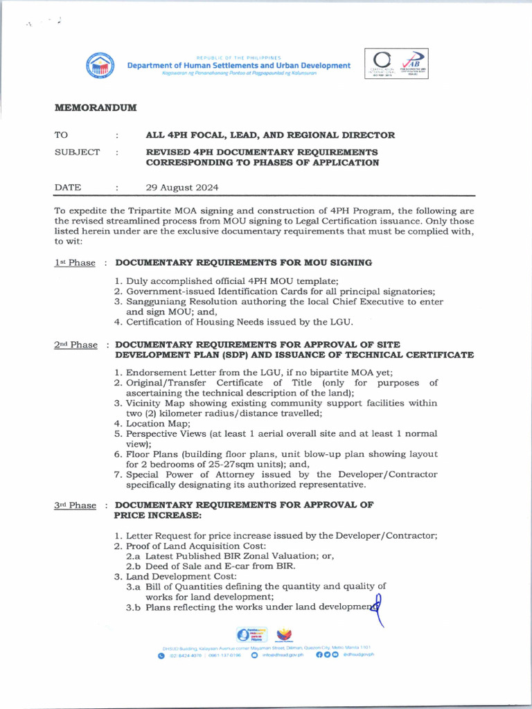 Revised 4PH Documentary Requirements Corresponding To Phases of ...