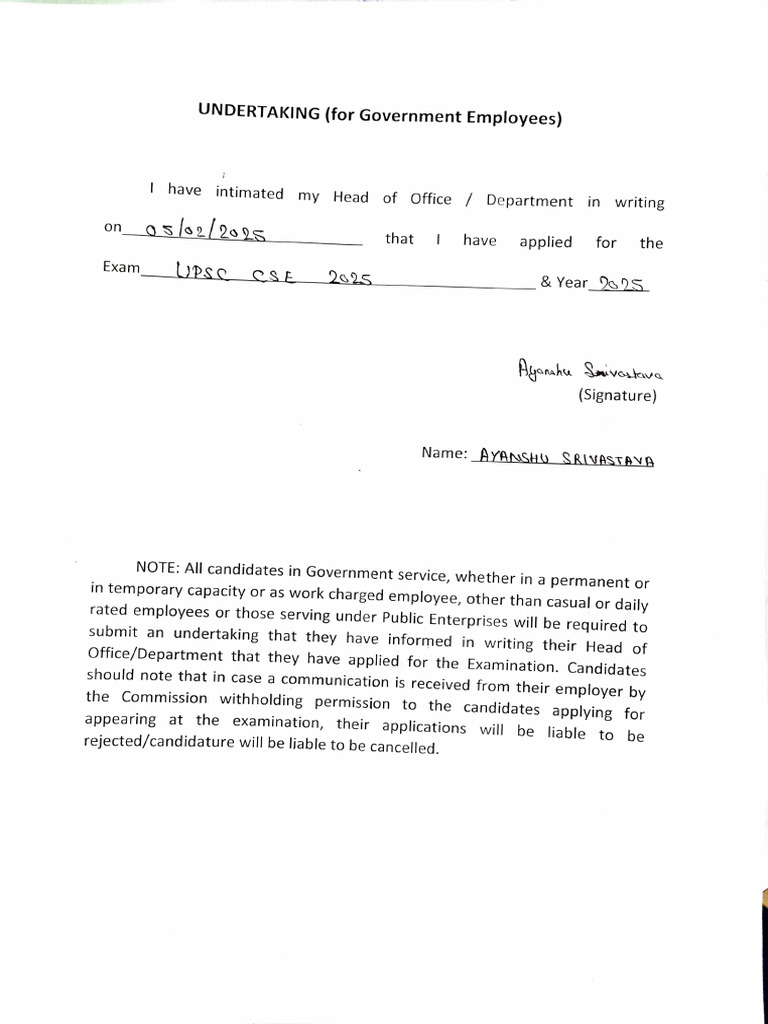 Government Employee Exam Undertaking Form | PDF