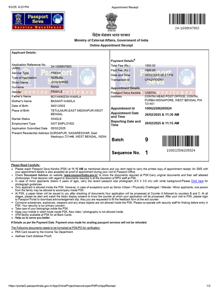 JAYASHREE RANA Appointment Receipt - 092436 | PDF | Identity Document | Birth Certificate