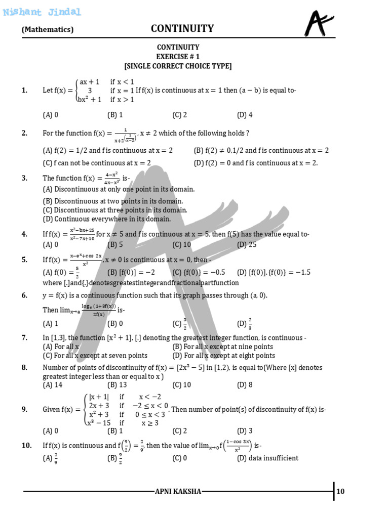 Sheet - 01 Continuity NJ - 247 | PDF | Function (Mathematics) | Mathematics