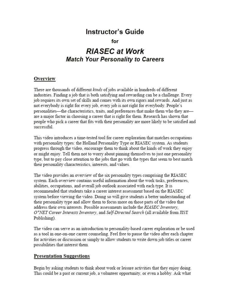 riasec-at-work-instructors-guide | PDF | Personality Type | Psychology