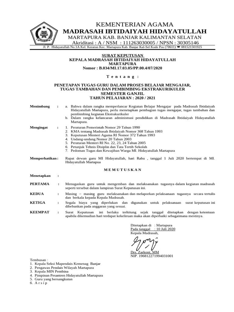 SK Pembagian Tugas 2020-2021 - Ganjil | PDF
