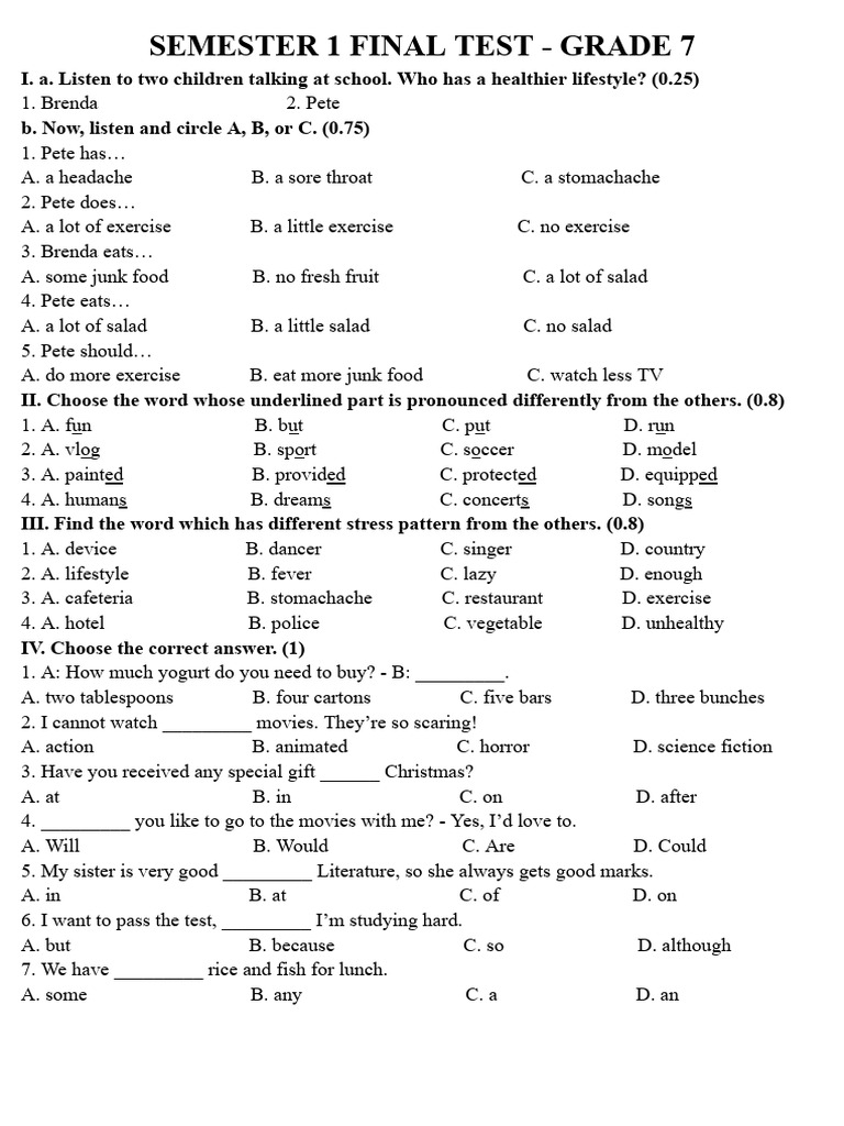 Grade 7 Semester 1 Final Test | PDF | Foods | Cuisine