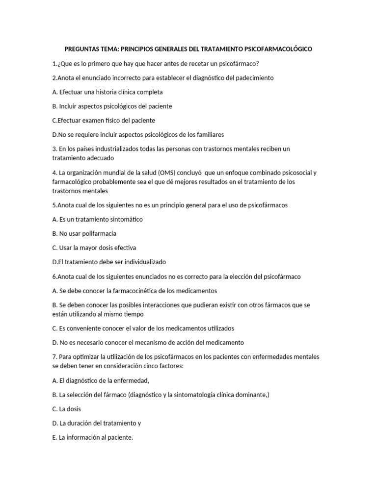 preguntas.tema.principios trat.psico.sin respuestas | PDF | Trastorno mental | Medicamentos con ...