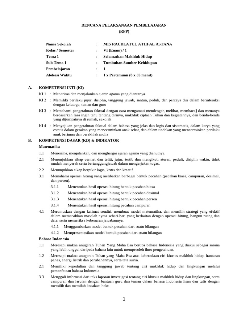 RPP Kelas VI Tema 1 Selamatkan Makhluk Hidup (EDIT) | PDF