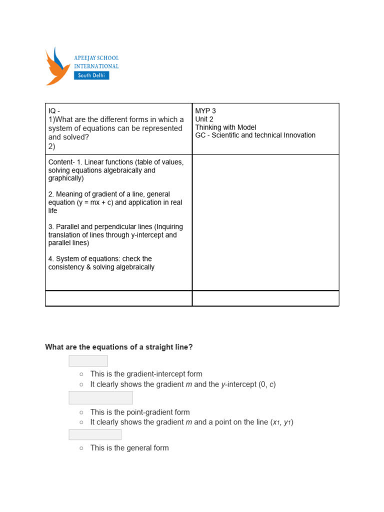 MYP 3 Unit 2 Linear Equations Revision | PDF
