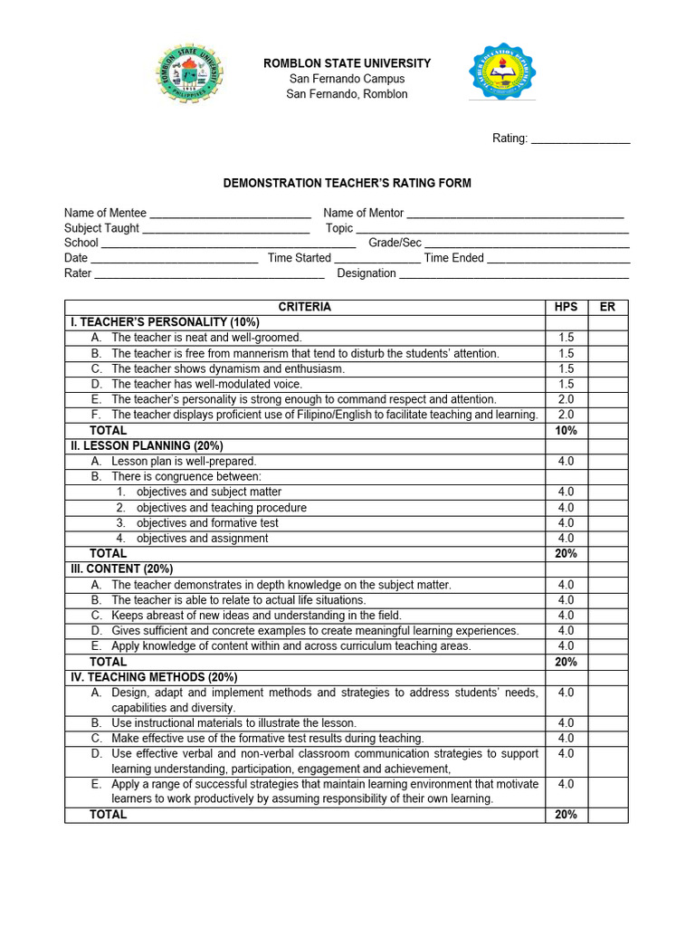 Teacher Evaluation Rating Form | PDF | Teachers | Learning