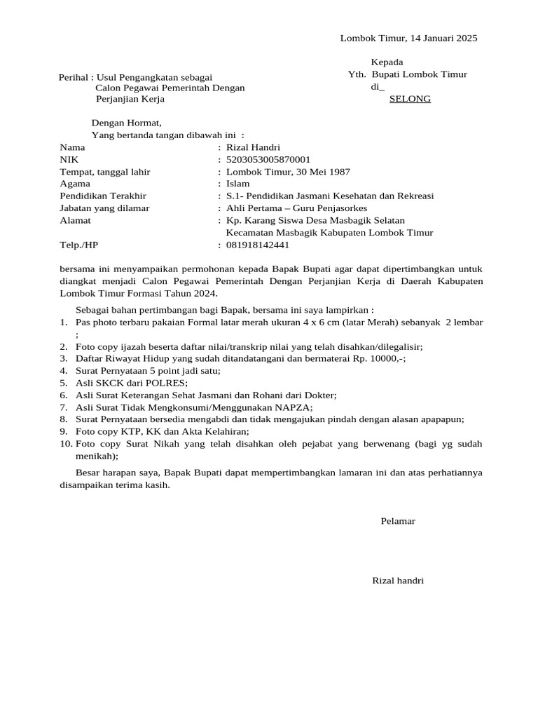 Format SURAT LAMARAN PPPK 2024 | PDF