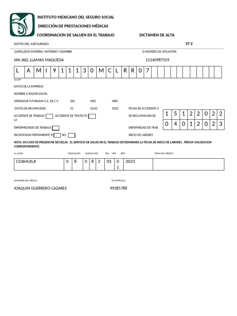 Alta Médica IMSS: Formato y Datos | PDF