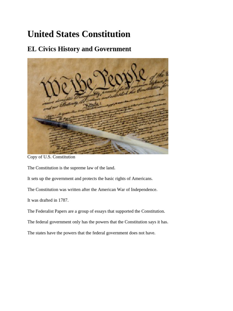 United States Constitution Handout REEP Week 8 | PDF