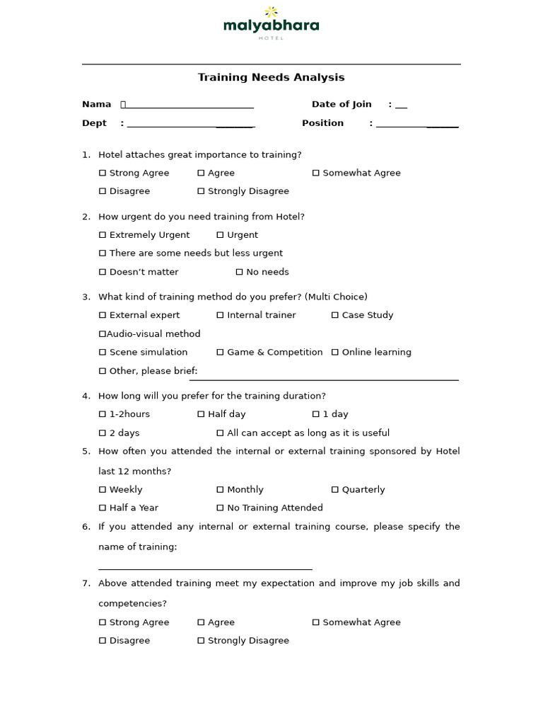 Hotel Training Needs Analysis Survey | PDF | Social Psychology | Psychology