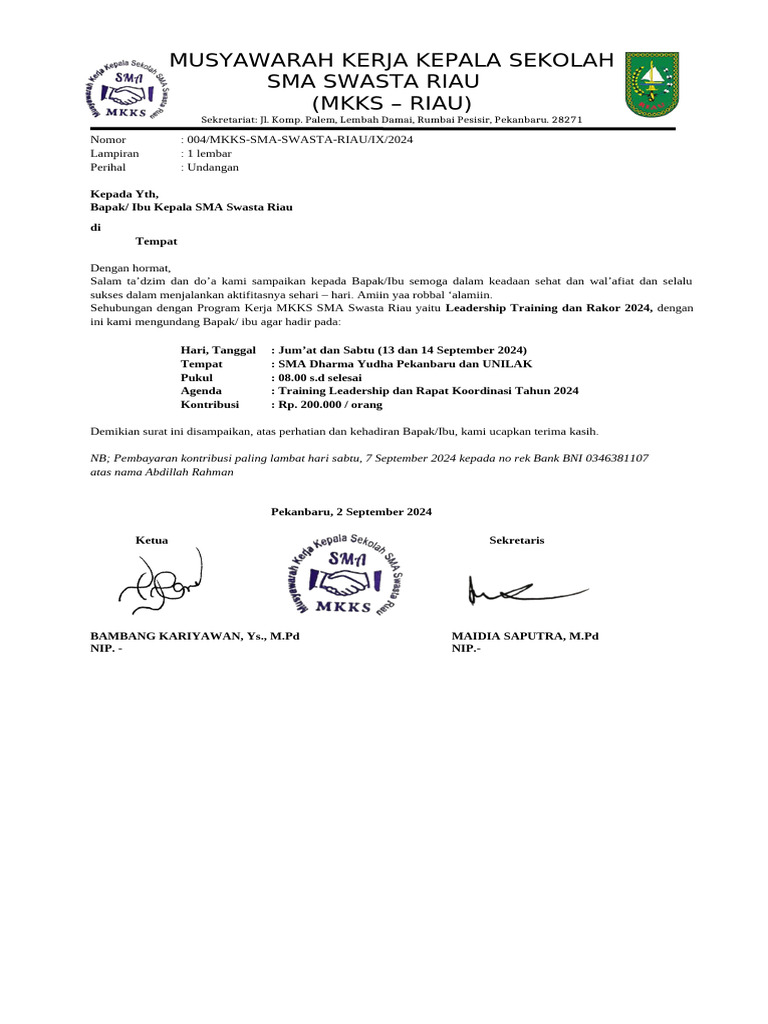 Surat Undangan Leadership Dan Rakor 2024 | PDF