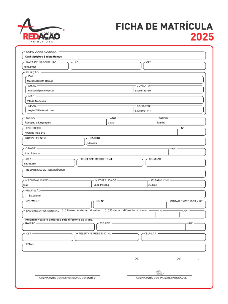 Ficha de Matrícula 2025 | PDF