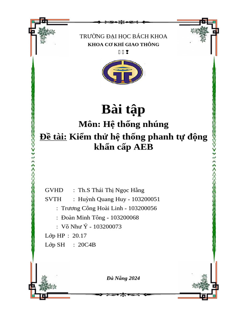 Bài tập: Môn: Hệ thống nhúng Đề tài: Kiểm thử hệ thống phanh tự động khẩn cấp AEB | PDF
