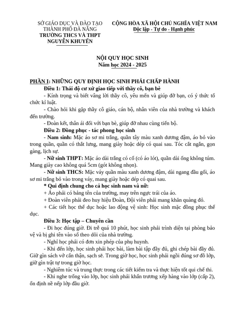 Noi Quy Hoc Sinh 24 25 | PDF