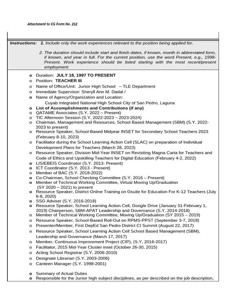 Work Experience Sheet for Teacher III | PDF