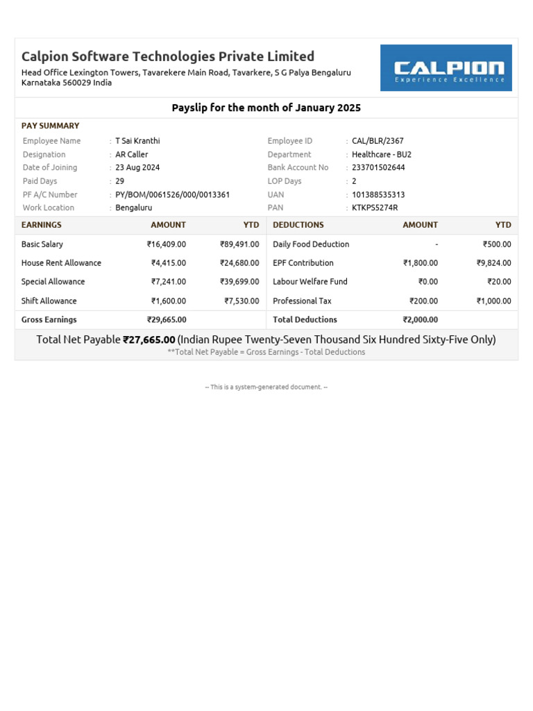 Employee Payslip January 2025 | PDF