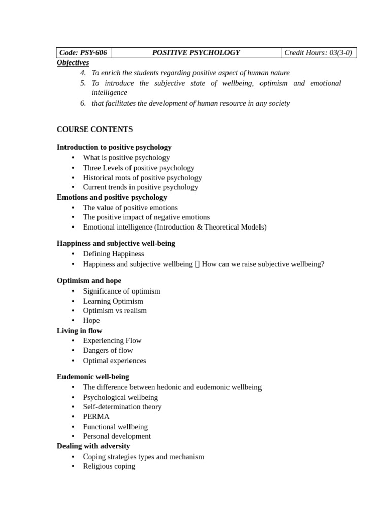 Positive Psy Course Outline | PDF