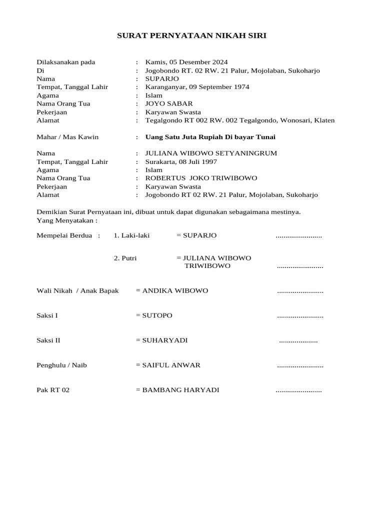 SURAT PERNYATAAN NIKAH SIRI | PDF