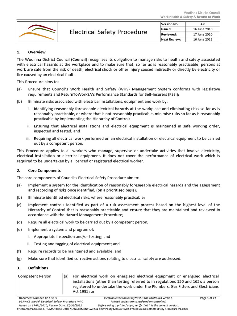 Electrical Safety Procedure V4 | PDF | Occupational Safety And Health ...