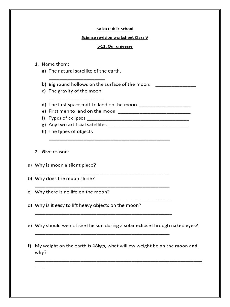 Class V Science Worksheet 2 | PDF | Moon | Eclipse