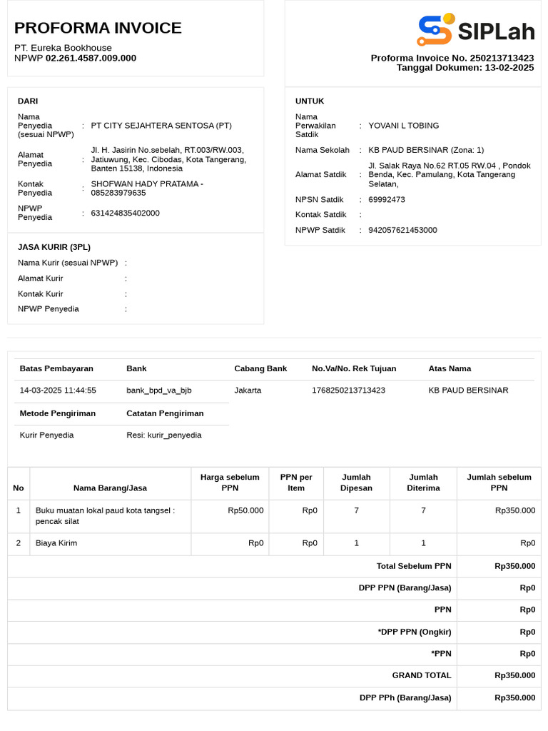 PERFORMA INVOICE PAUD BERSINAR | PDF