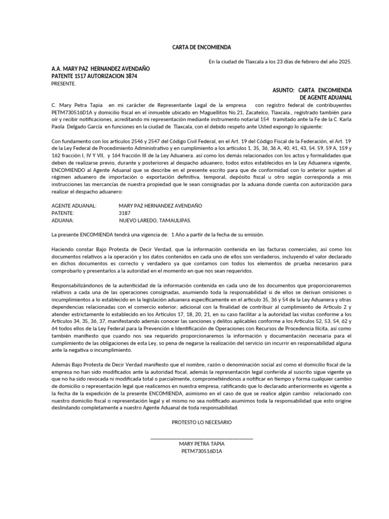Carta de Encomienda Aduanal 2025 | PDF | aduana | Gobierno
