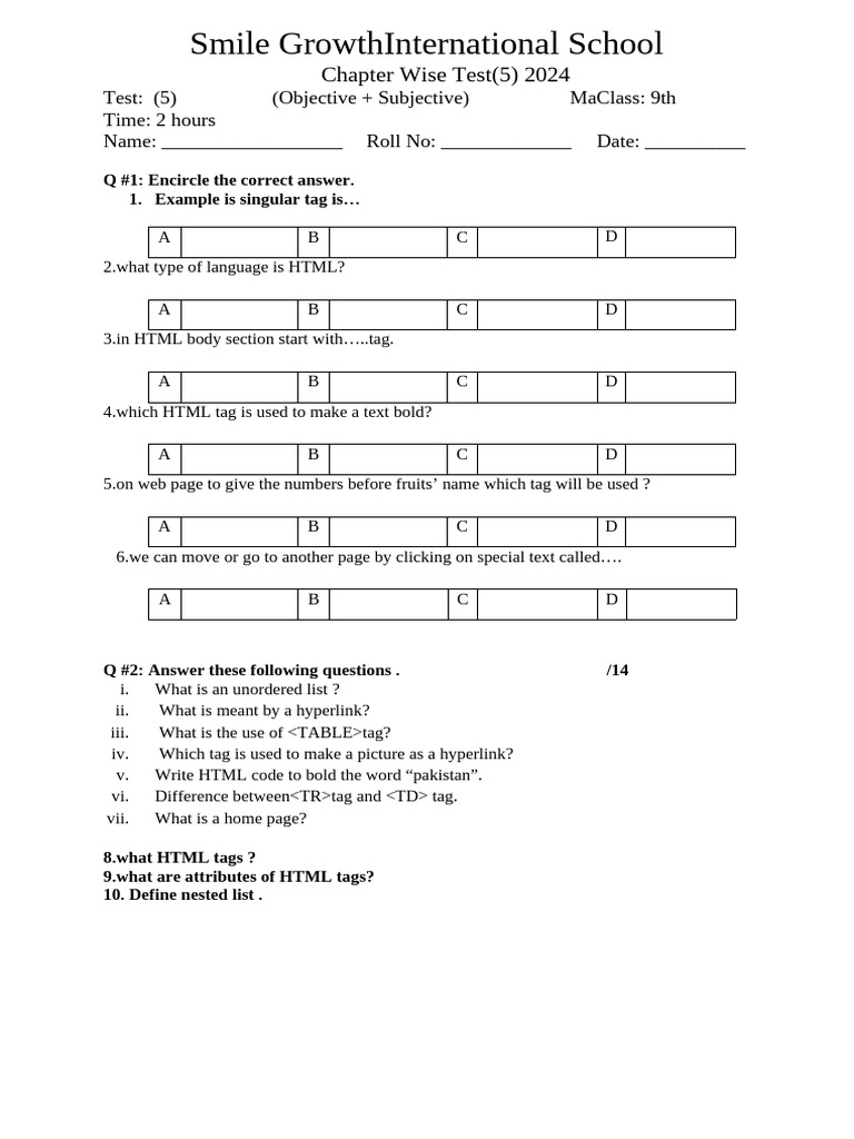 9th Grade HTML Test Paper 2024 | PDF