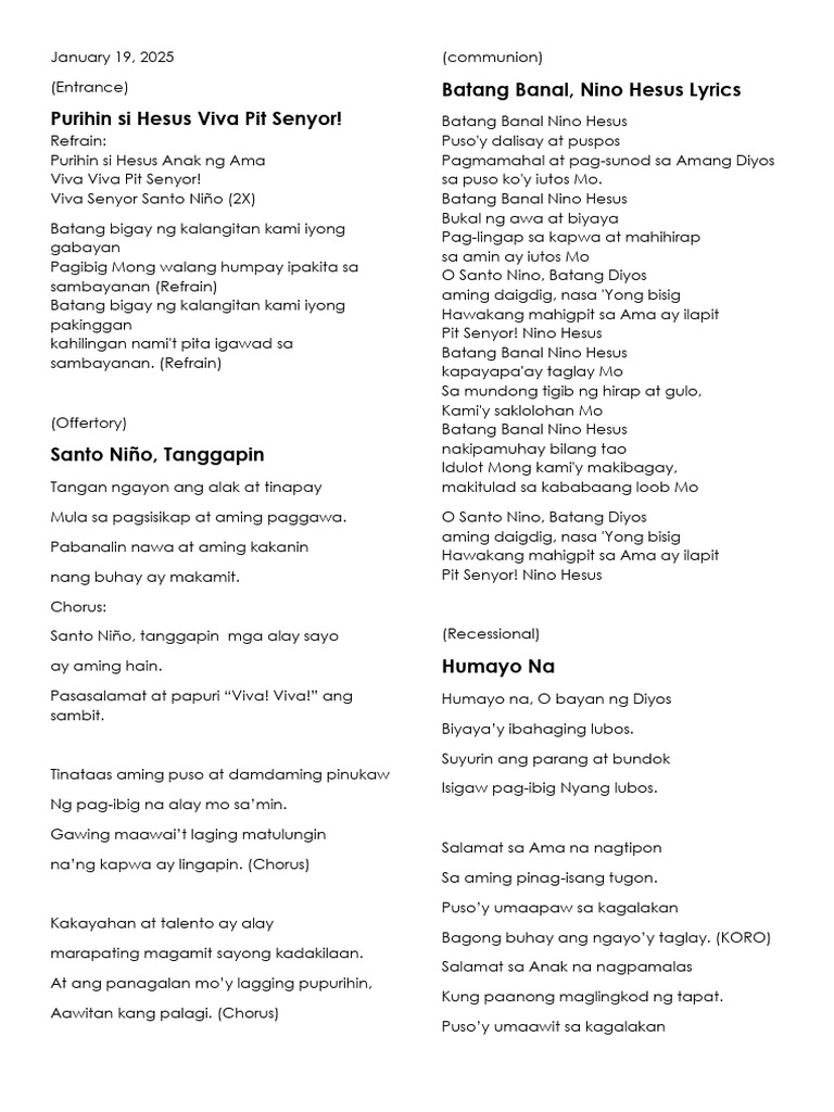 Mass Line Up Songs For January 19 2025 | PDF
