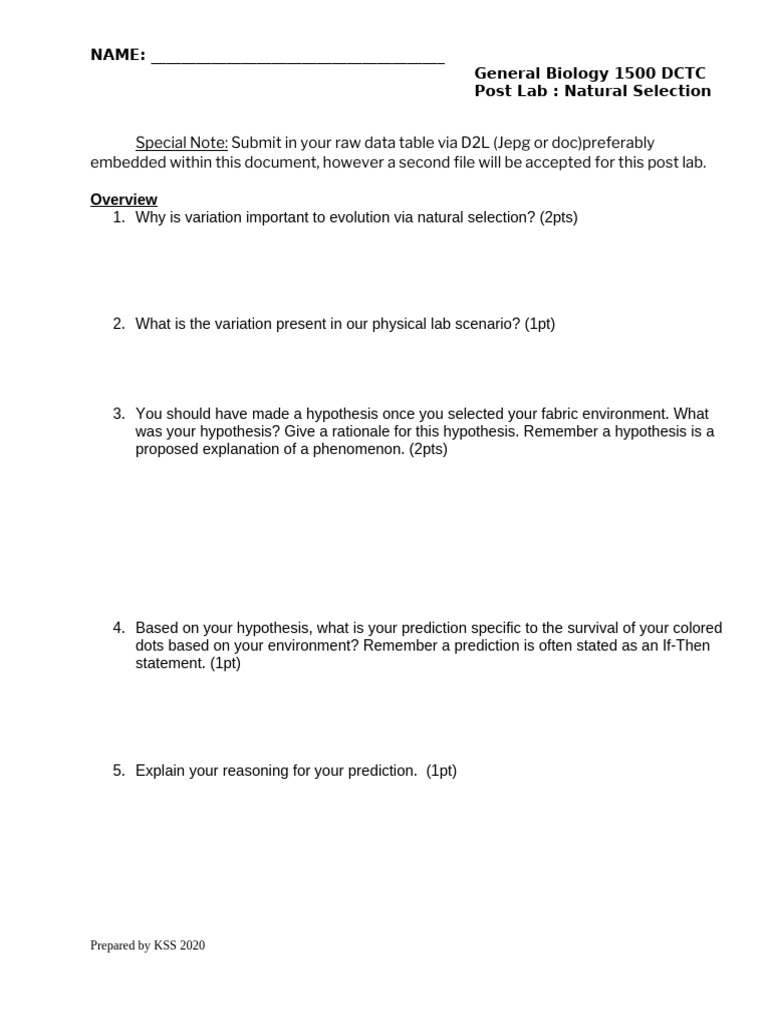 Gen Bio Post Lab 7 Natural Selection 2024 Adjusted For Minimal Mutant | PDF