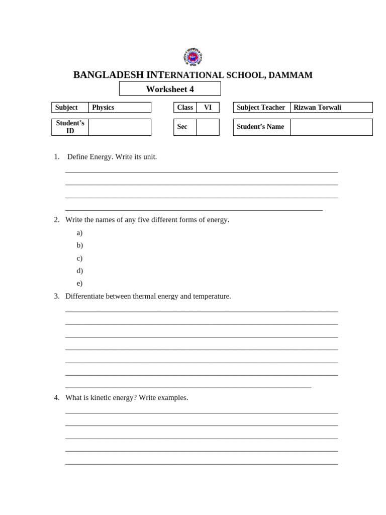 Physics Worksheet for Class VI Students | PDF | Heat | Metrology