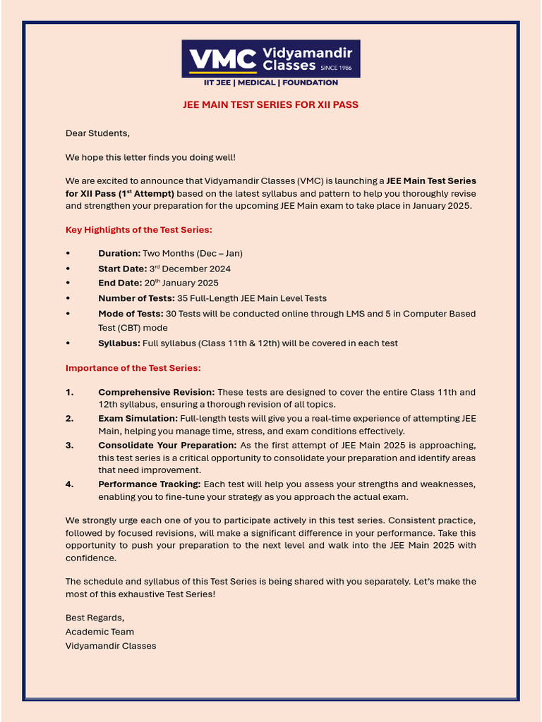 JEE Main Test Series For XII Pass | PDF