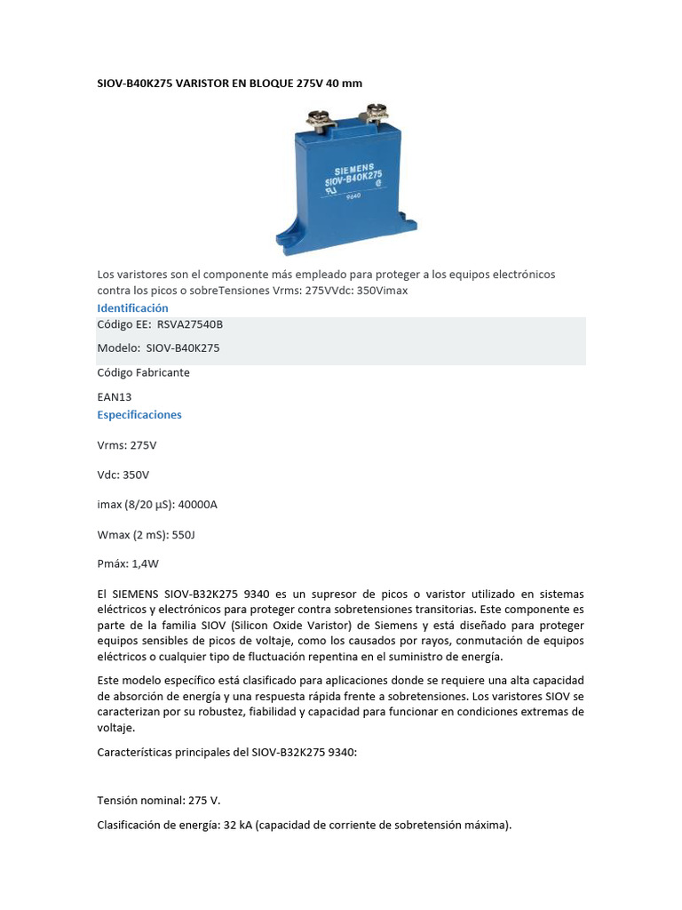 Varistor SIOV-B40K275: Protección 275V | PDF | Resistencia Eléctrica y ...