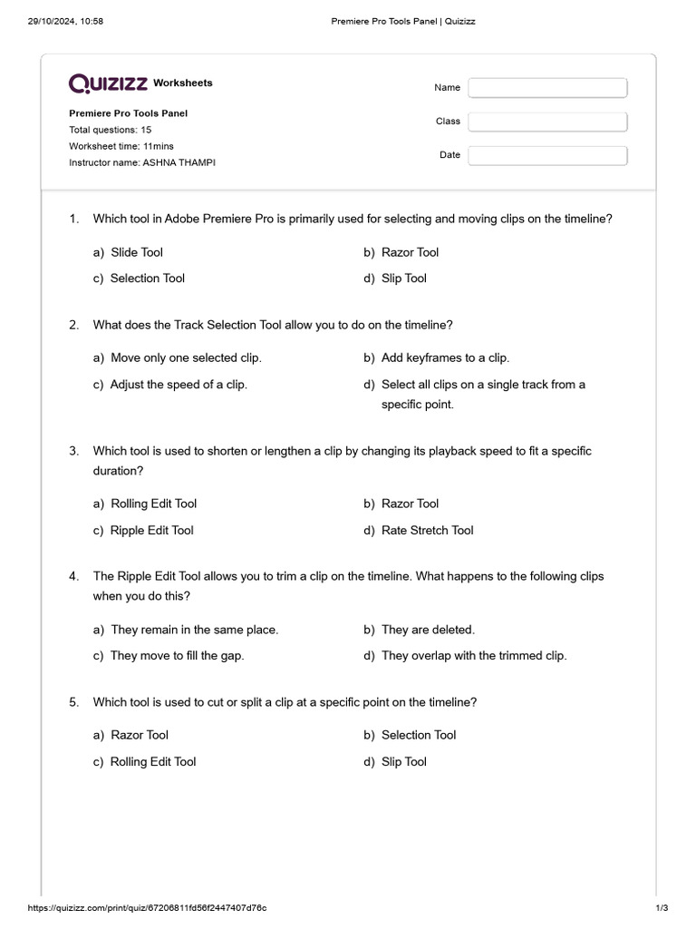 Premiere Pro Tools Quiz Worksheet | PDF | Multimedia