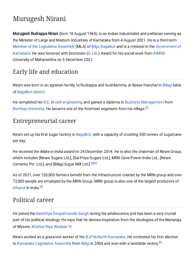 Murugesh Nirani: Politician and Industrialist | PDF | Bharatiya Janata ...