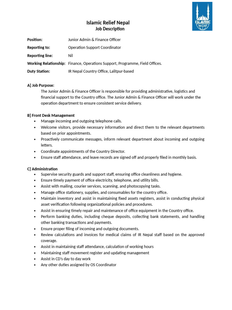 Job Description-Junior Admin Finance Officer | PDF | Logistics | Banks