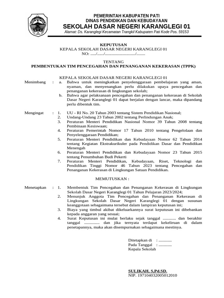 Contok SK Tim Pencegahan Dan Penanganan Kekerasan Di Lingkungan Satuan Pendidikan | PDF