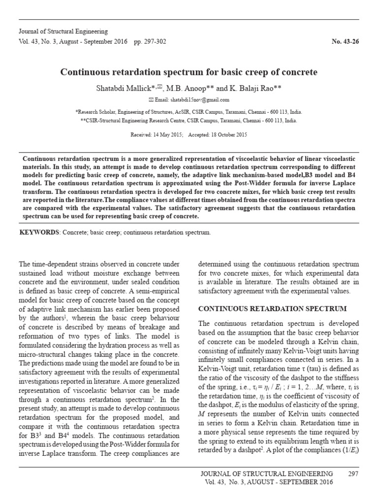 Continuous Retardation Spectrum For Basic Creep of Concrete | PDF | Creep (Deformation ...