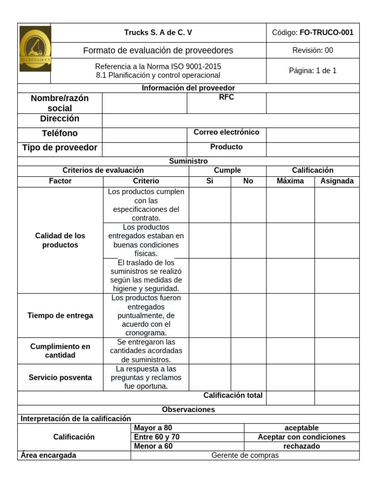 Formato de Evaluación de Proveedores | PDF