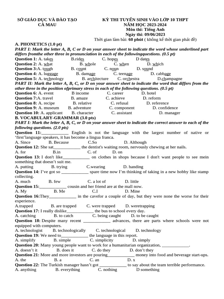 De TS Tieng Anh 10 Ca Mau 23 24 | PDF | Test Of English As A Foreign ...