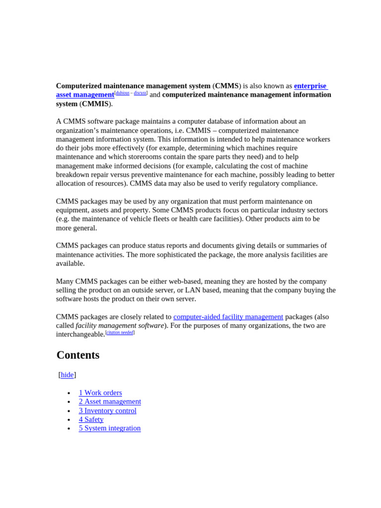 Computerized maintenance management system | PDF | Performance Indicator | Product Lifecycle