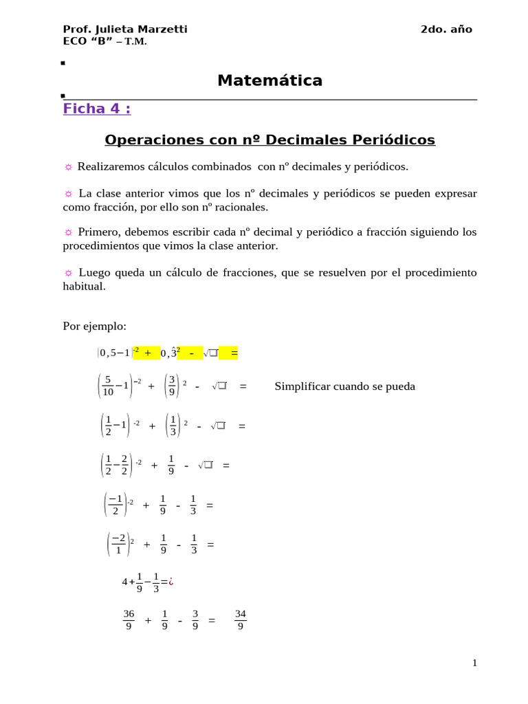 Ficha 4 - Operaciones Con Nâº Decimales PeriÃ Dicos 2do. Aã o ECO B T.M ...