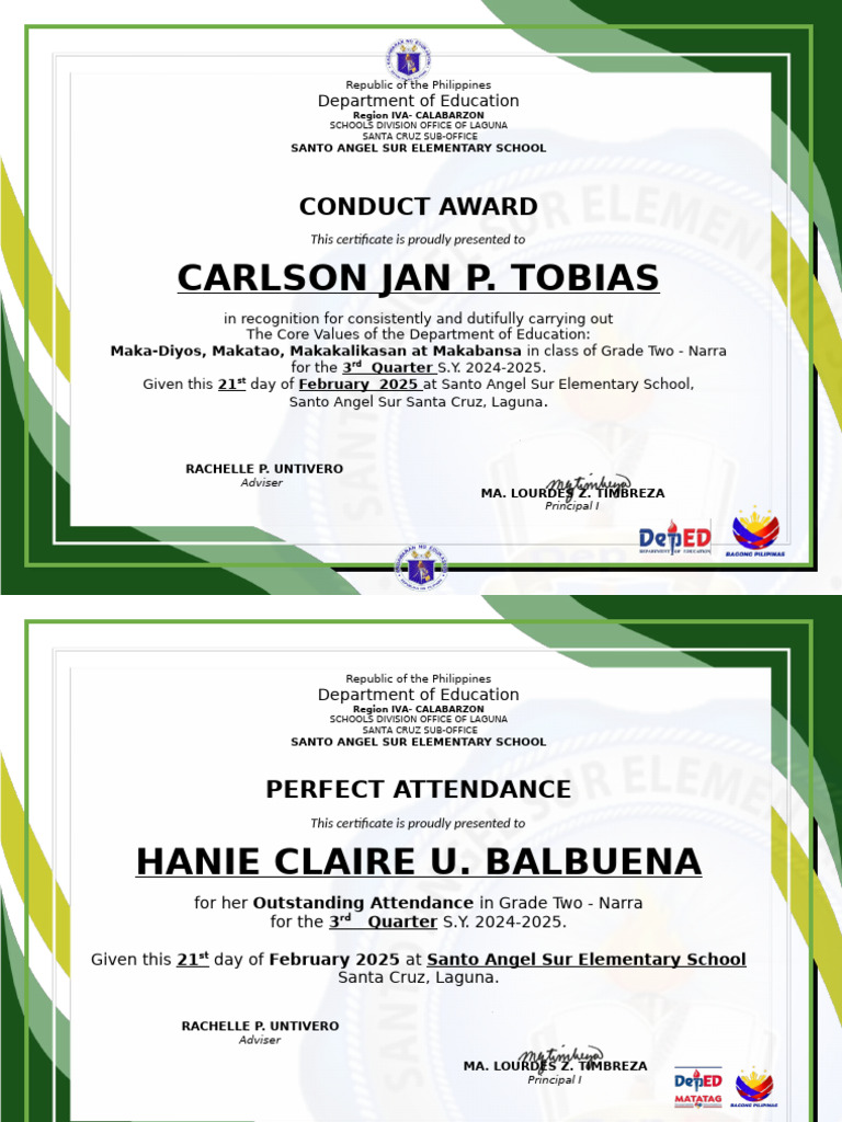 Conduct Perfect Attendance Award Janella | PDF