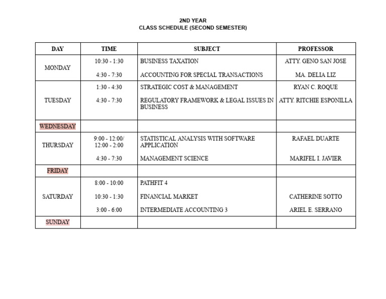 2ND Year Sched Second Sem | PDF