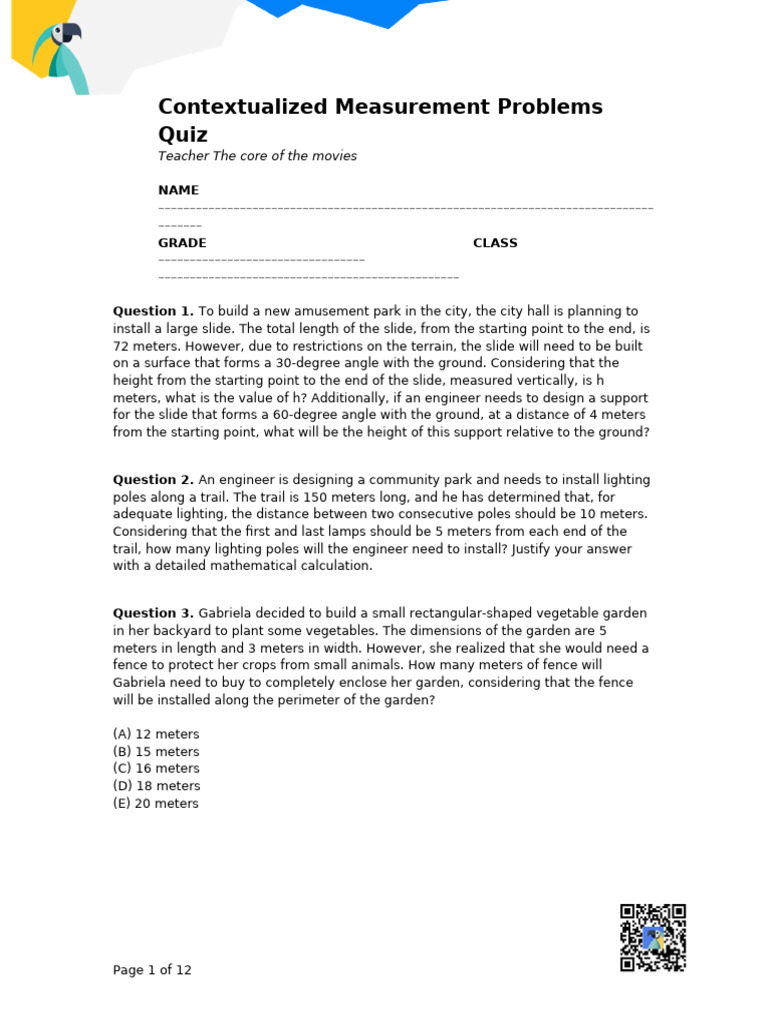 Contextualized Measurement Problems Quiz | PDF | Area | Volume