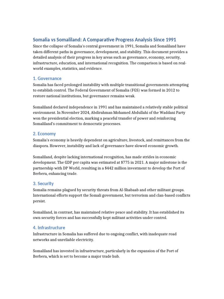 Somalia Vs Somaliland Detailed Progress | PDF | Somalia | Infrastructure
